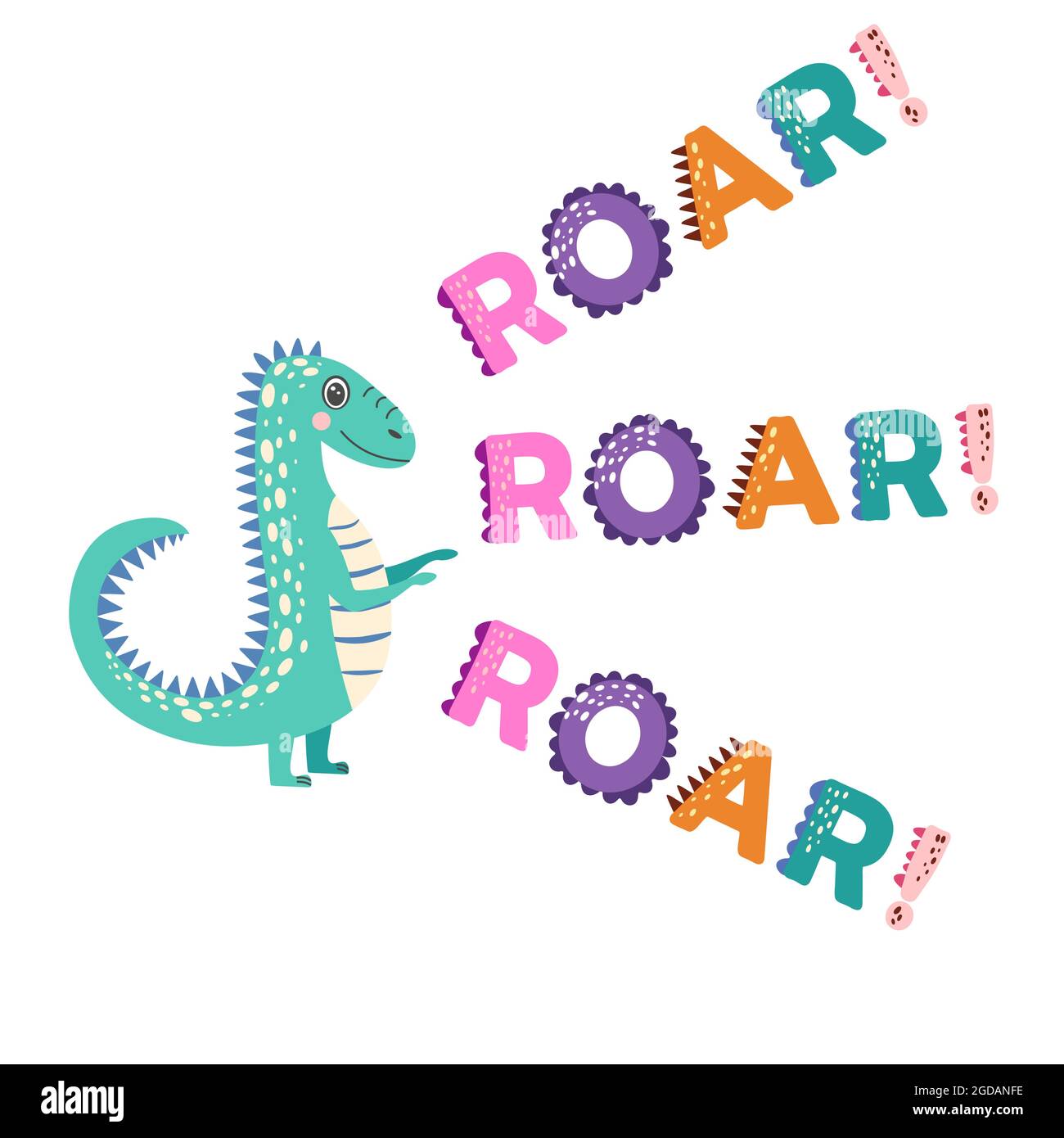 Dinosaur illustration in flat cartoon scandinavian style with ROAR lettering. Childish design ...