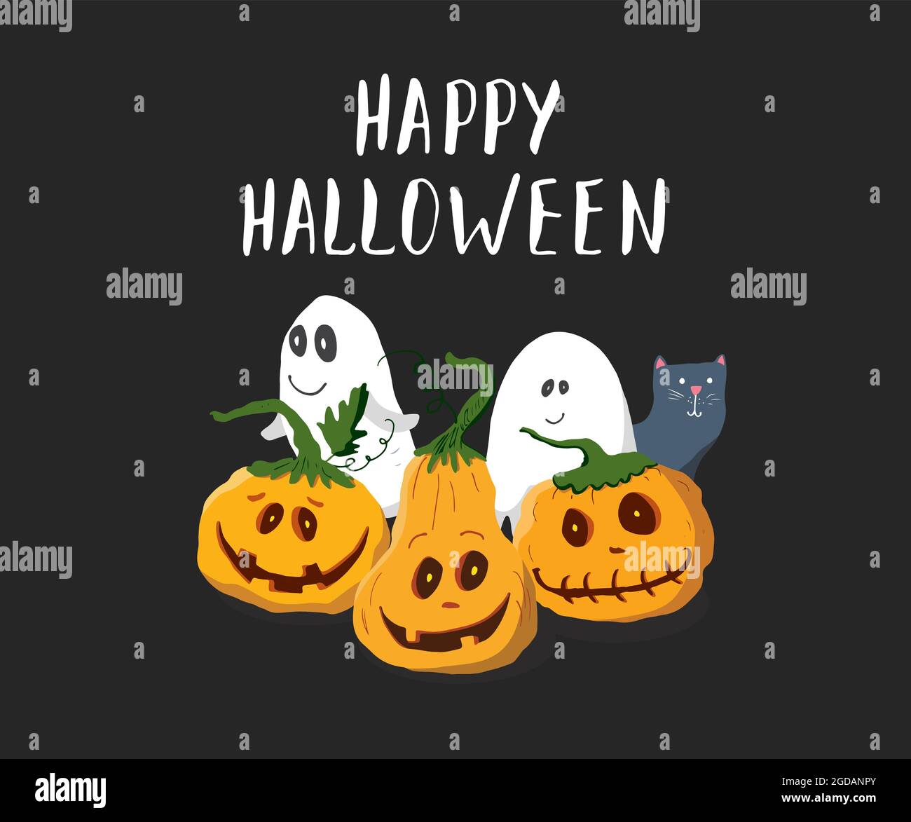 Halloween greeting card. Cute pumpkins and ghosts, party invitation or ...