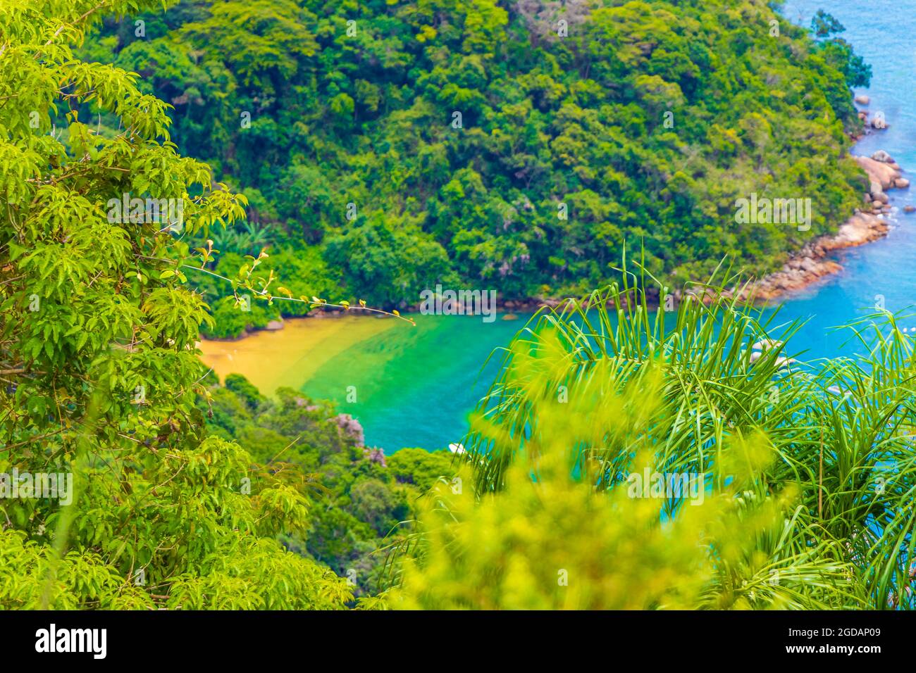 Green lagoon big tropical island Ilha Grande Abraao beach panorama ...