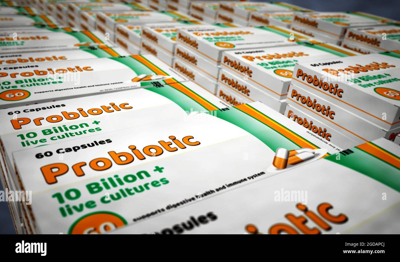 Probiotic pack production. Medical antibiotic therapy drug box factory ...