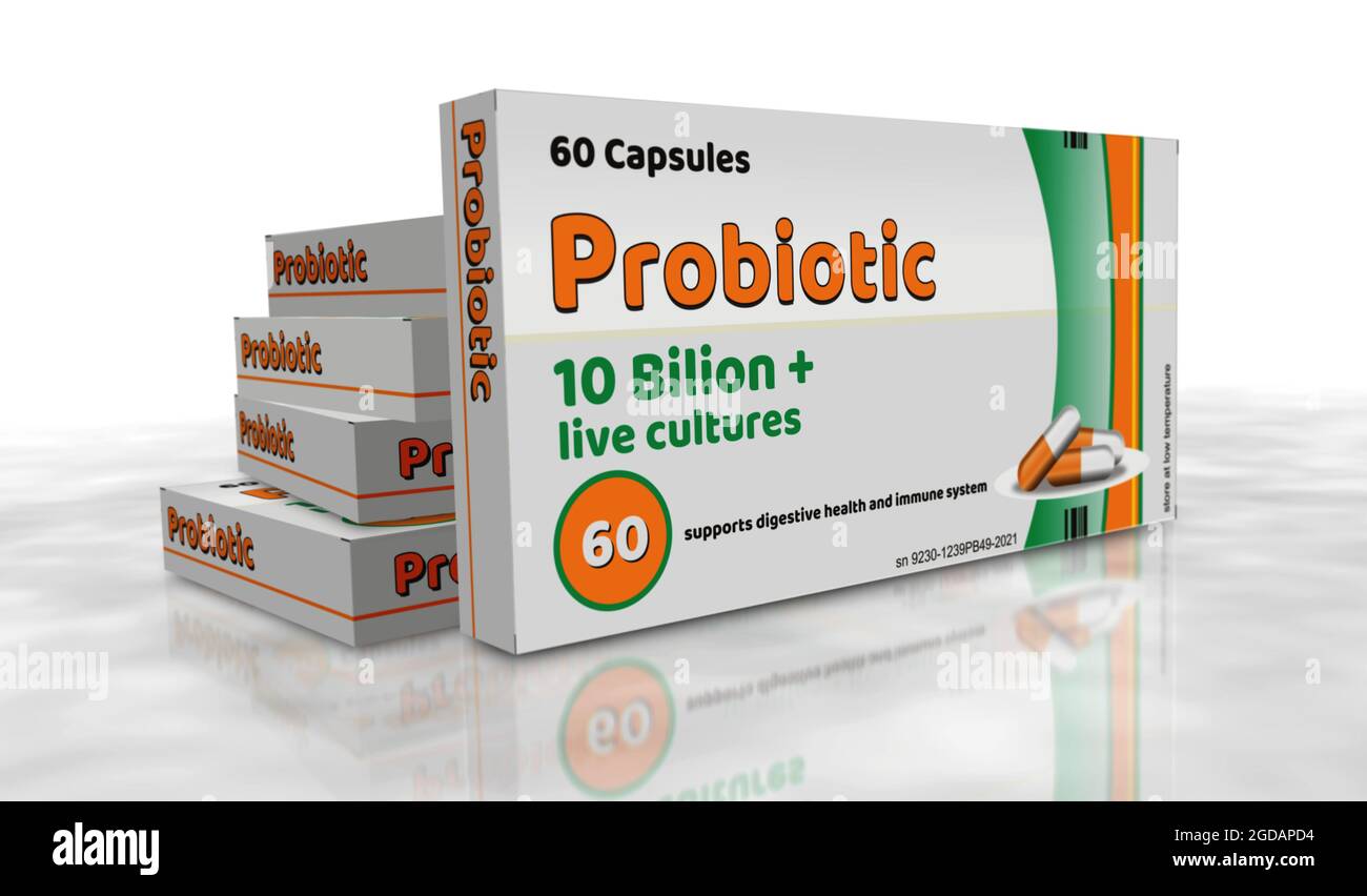 Probiotic pack production. Medical antibiotic therapy drug box factory ...