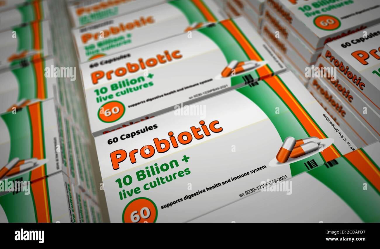 Probiotic pack production. Medical antibiotic therapy drug box factory ...
