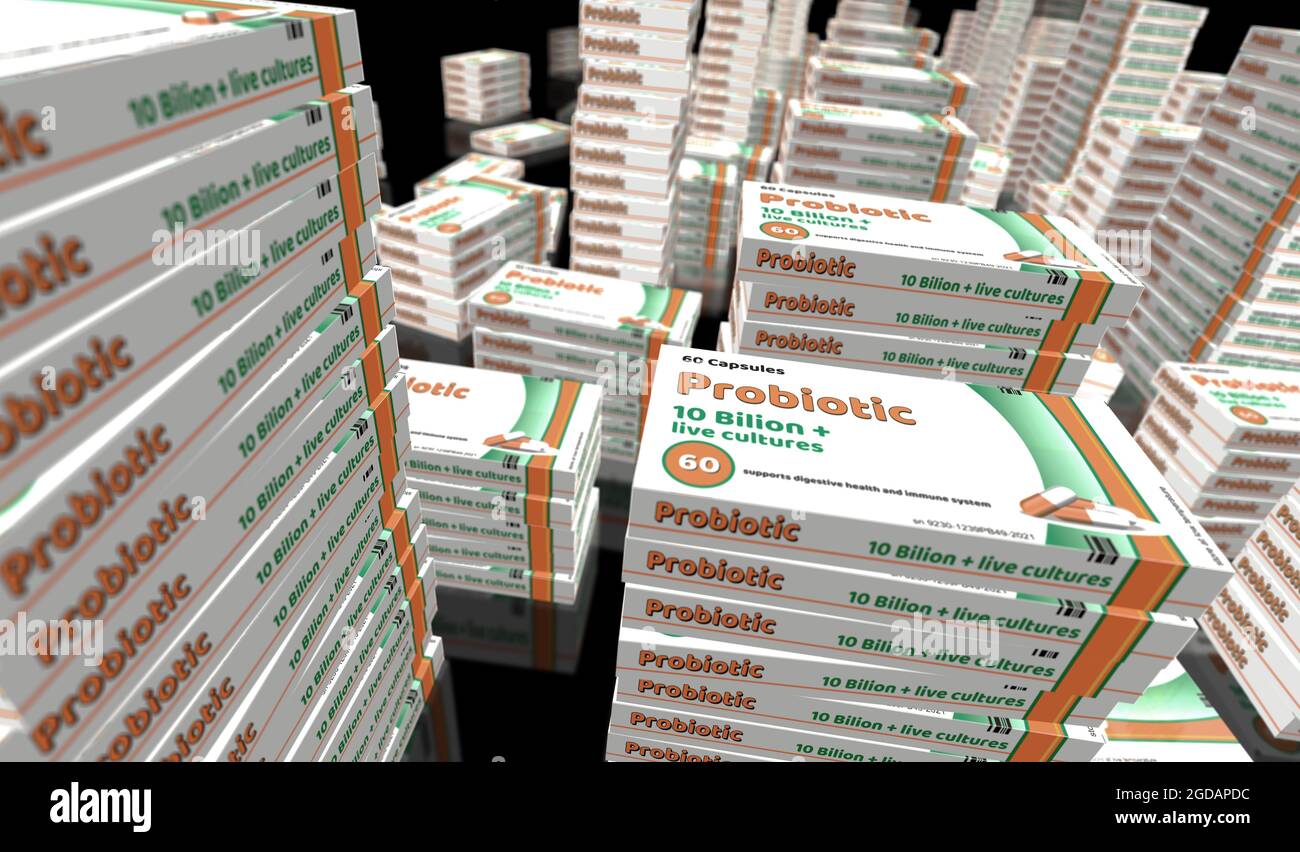 Probiotic pack production. Medical antibiotic therapy drug box factory ...
