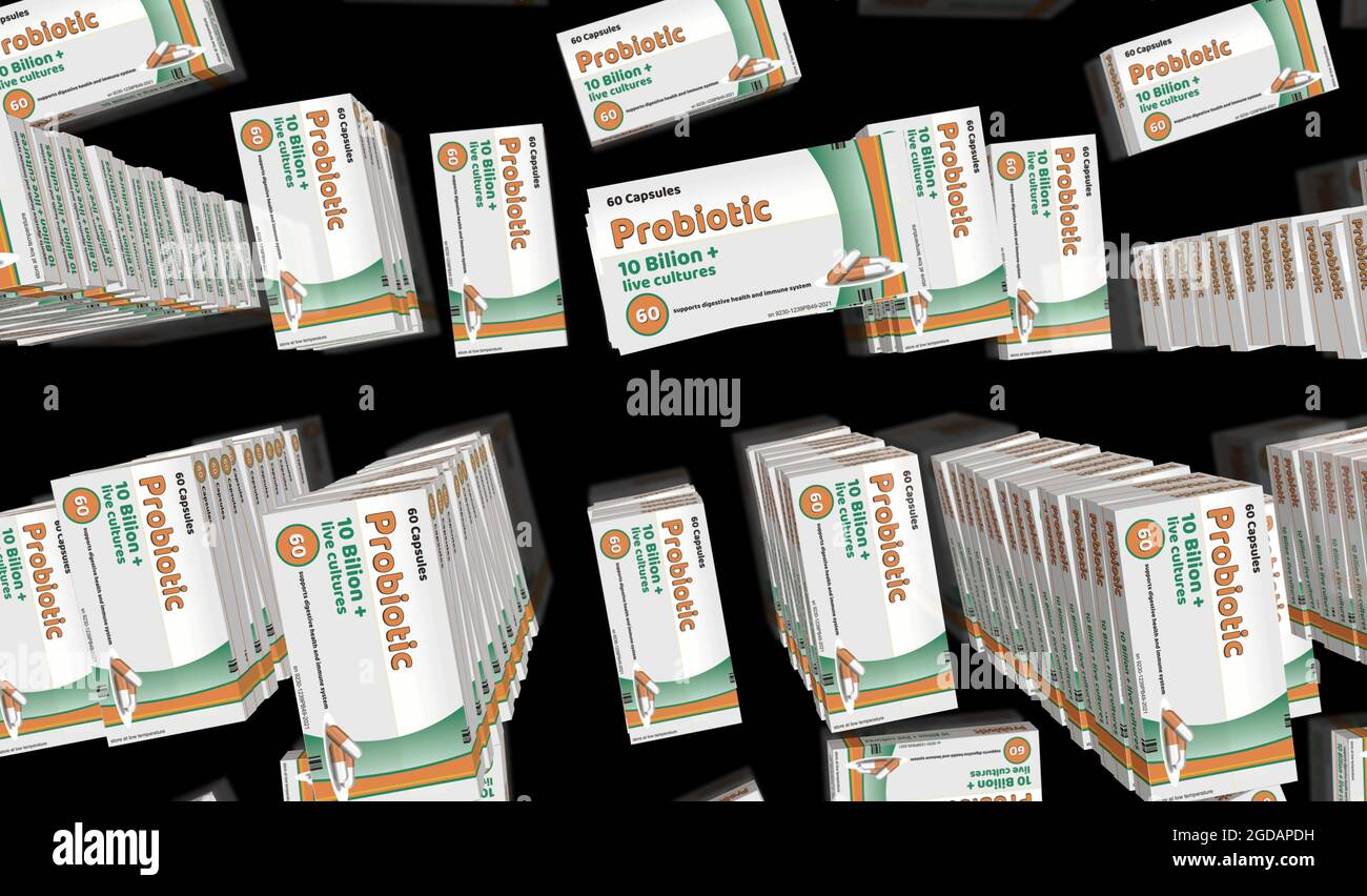 Probiotic pack production. Medical antibiotic therapy drug box factory ...