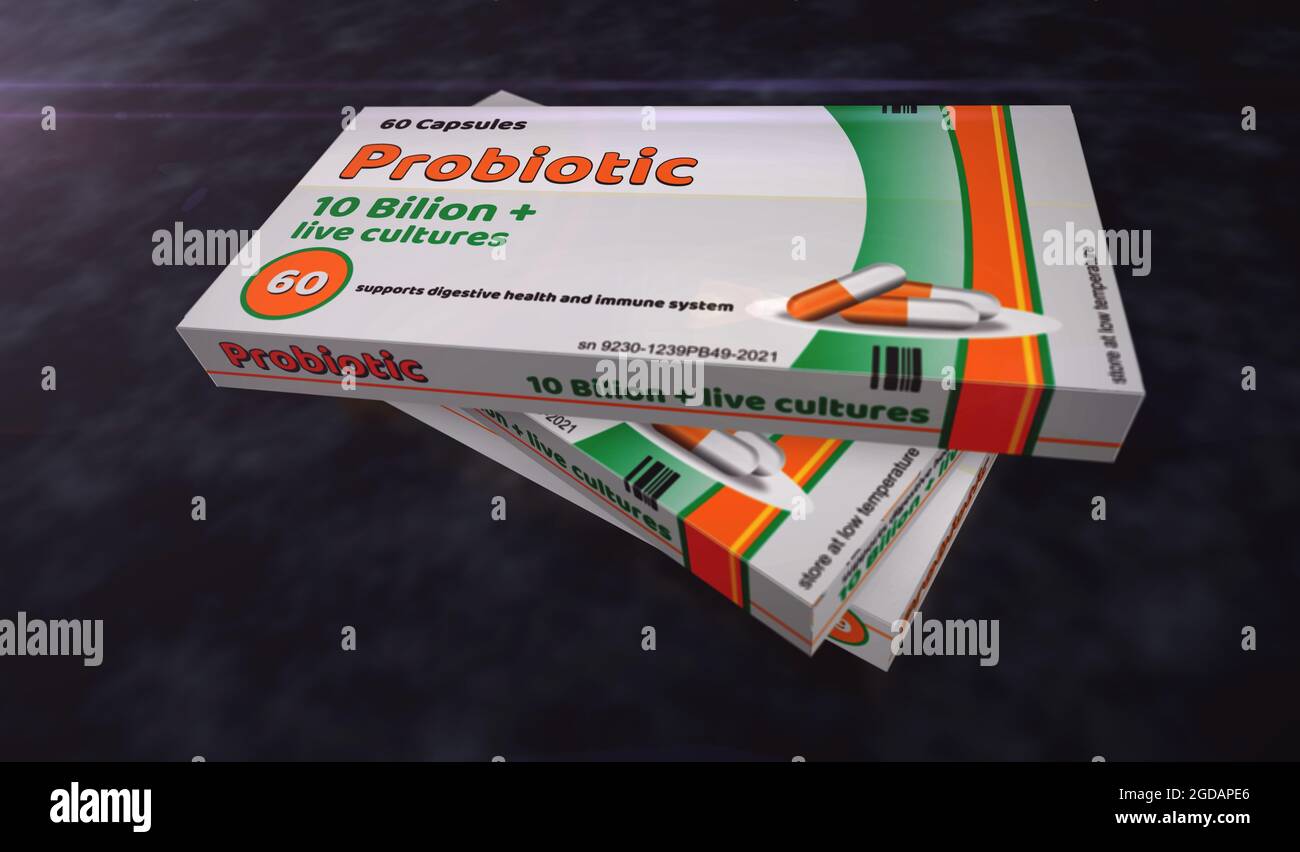 Probiotic pack production. Medical antibiotic therapy drug box factory ...