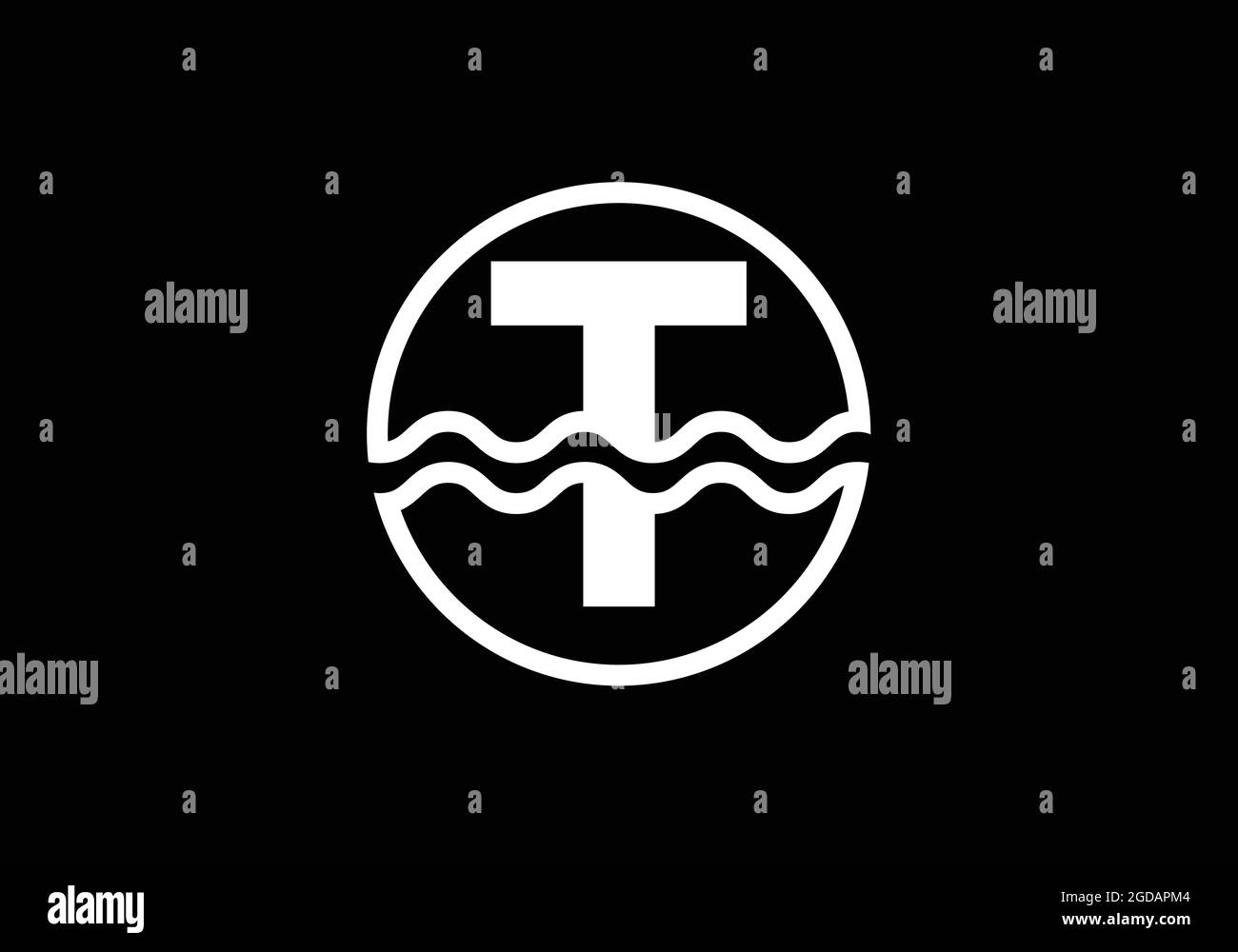 Initial T monogram alphabet in a circle with water waves. Water wave ...