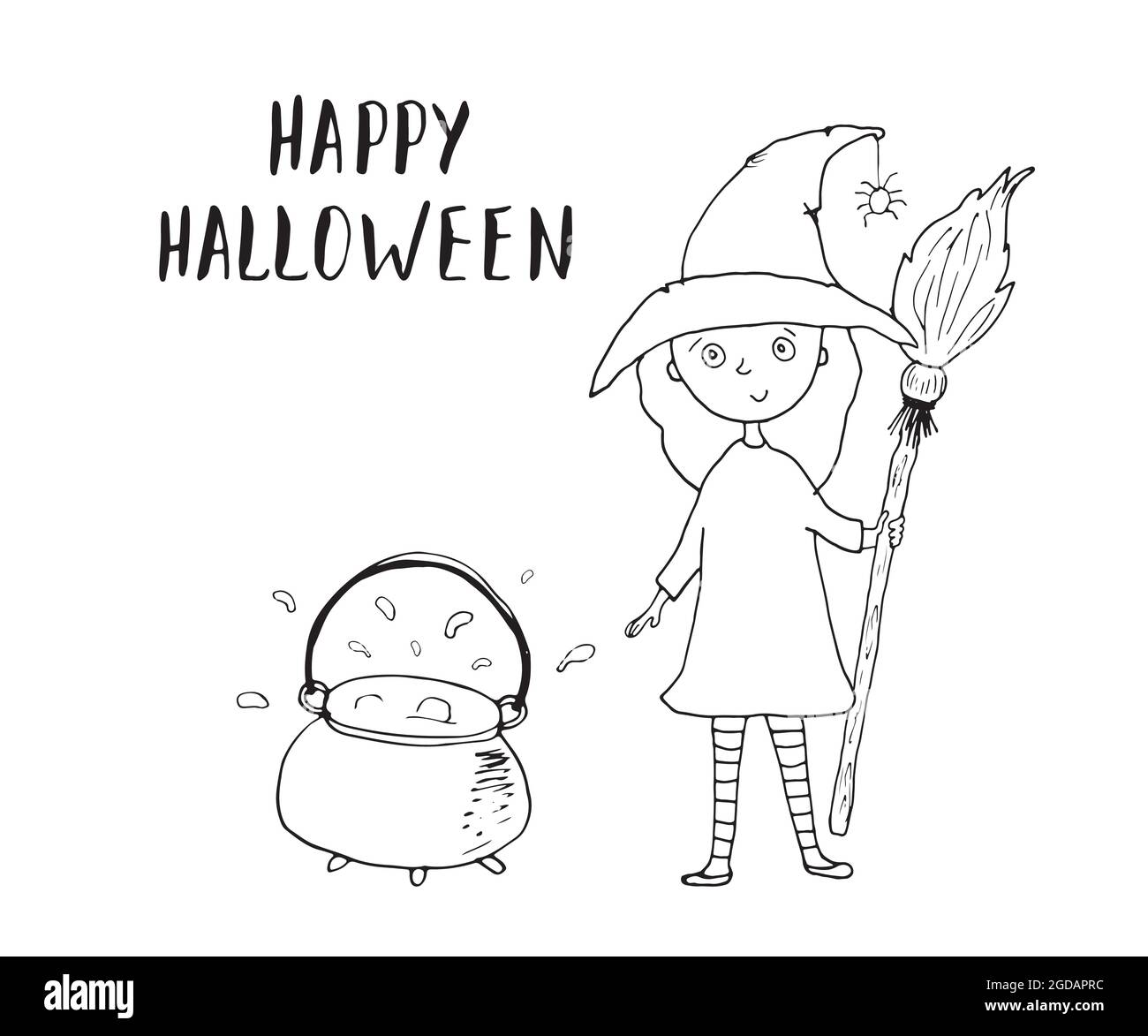 Halloween greeting card. Cute witch with cauldron, party invitation or ...
