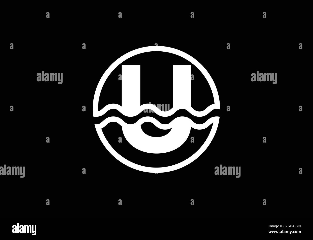 Initial U monogram alphabet in a circle with water waves. Water wave ...