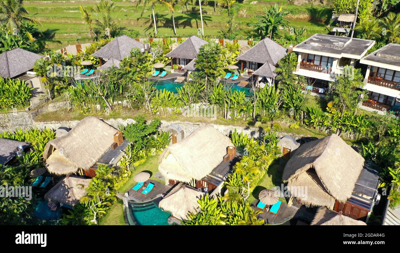 Aerial view of luxury hotel with straw roof villas and pools in tropical jungle and palm trees ...