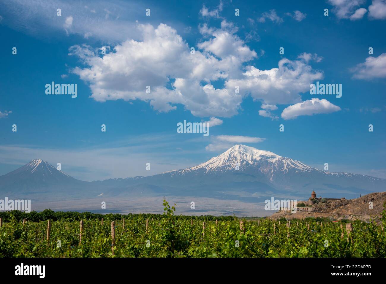 Mighty Mt Ararat volcano seen behind medieval Khor Virap monastery ...