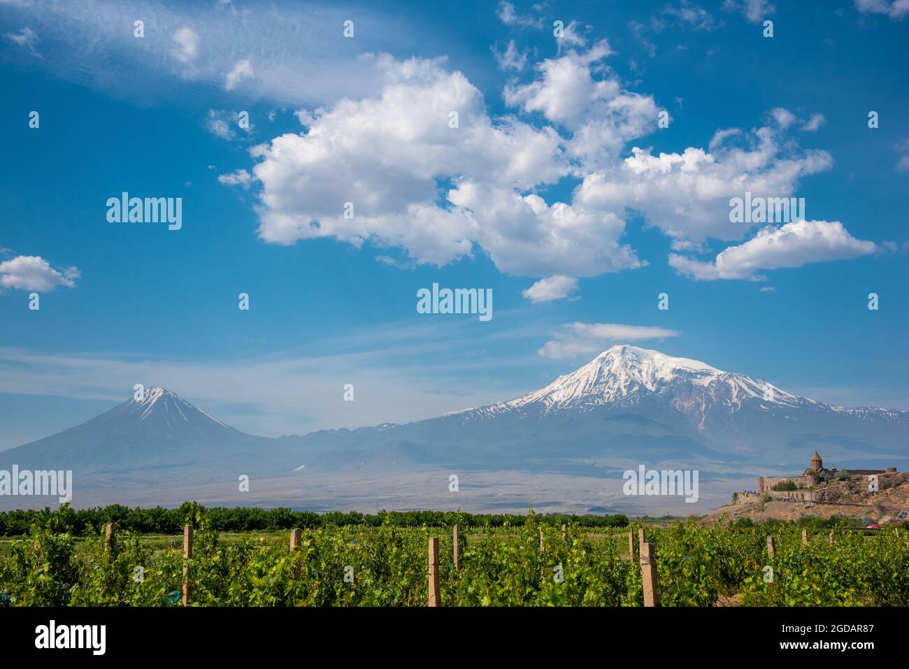 Mighty Mt Ararat volcano seen behind medieval Khor Virap monastery ...