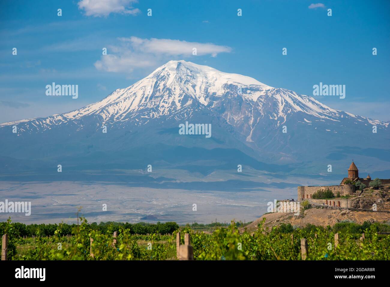 Mighty Mt Ararat volcano seen behind medieval Khor Virap monastery ...