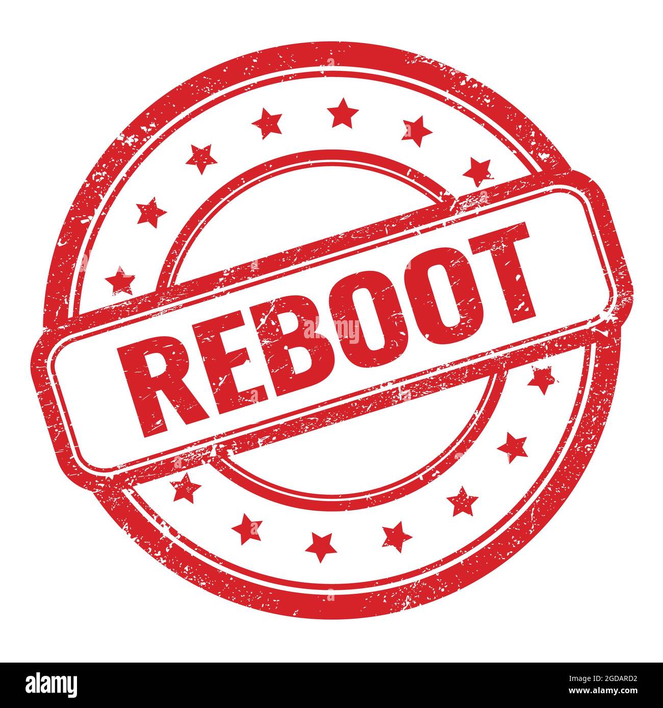 REBOOT text on red grungy vintage round rubber stamp Stock Photo - Alamy