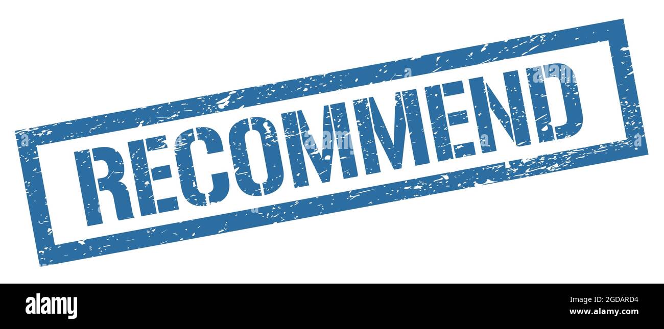 RECOMMEND blue grungy rectangle stamp sign Stock Photo - Alamy