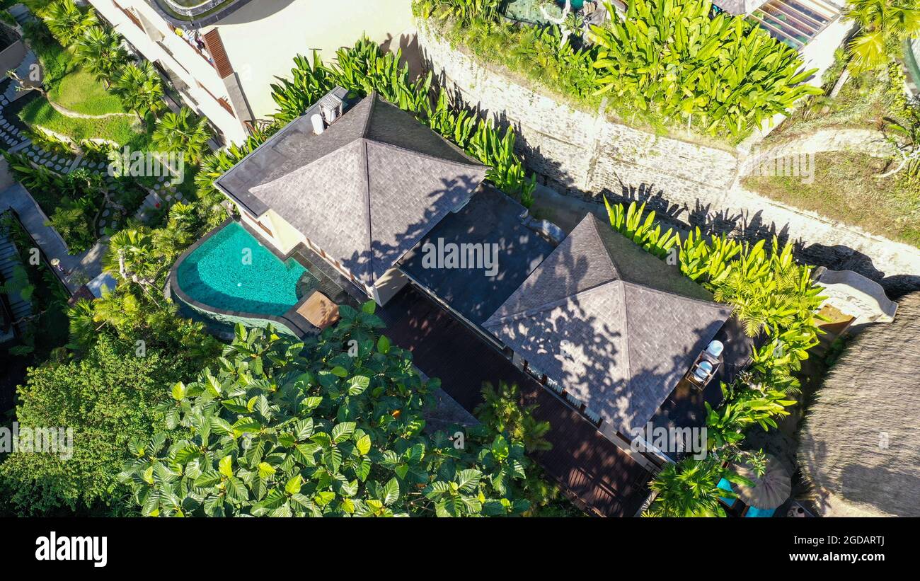 Aerial view of a resort and bungalows in tourist destination Ubud, Bali ...