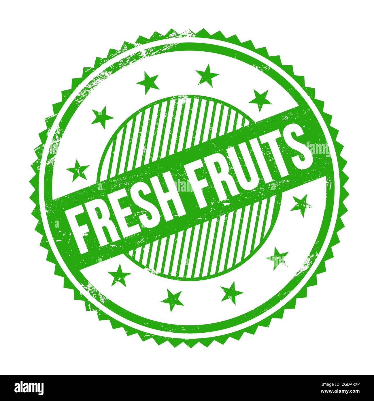 FRESH FRUITS text written on green grungy zig zag borders round stamp ...