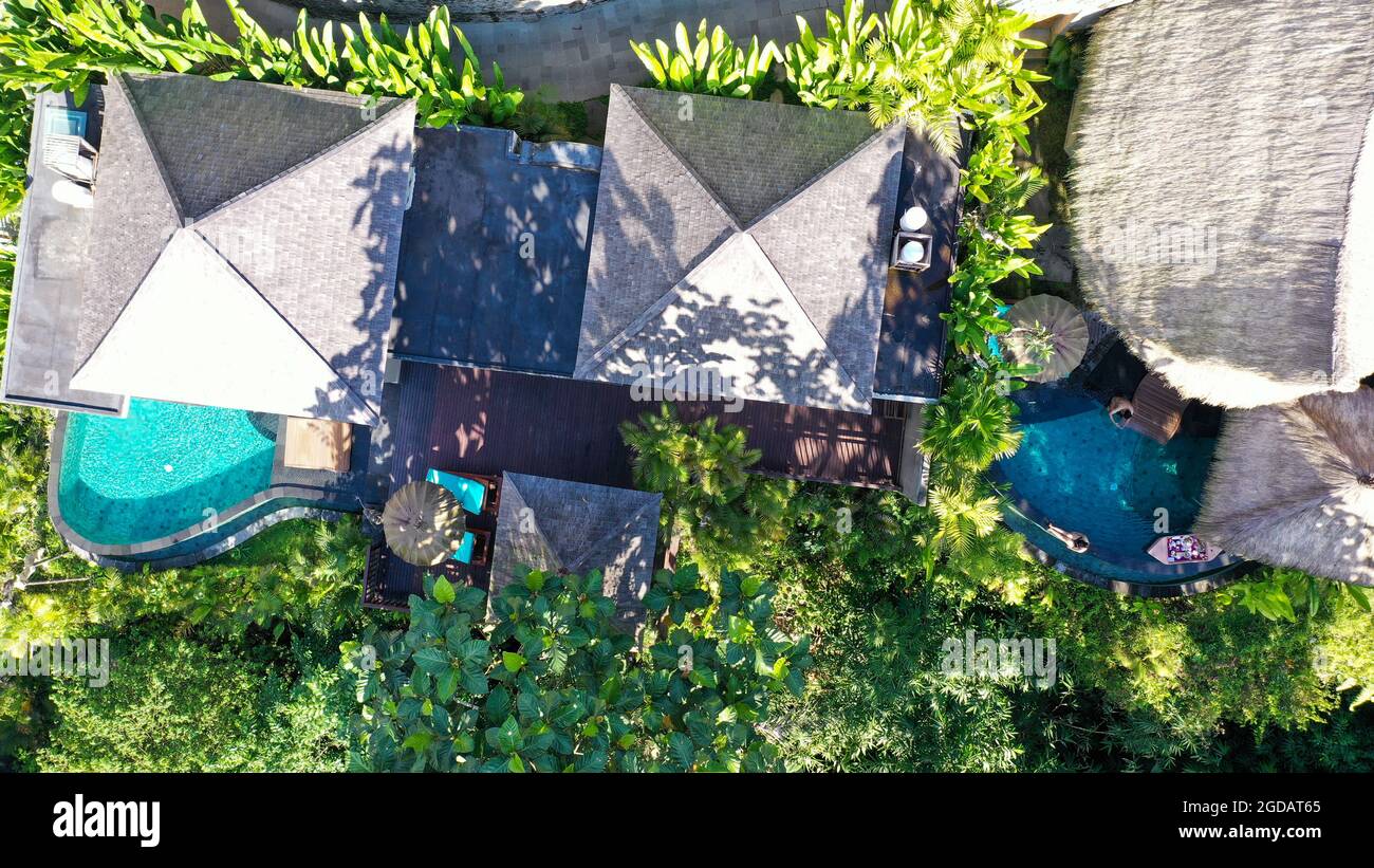 Aerial view of a resort and bungalows in tourist destination Ubud, Bali ...