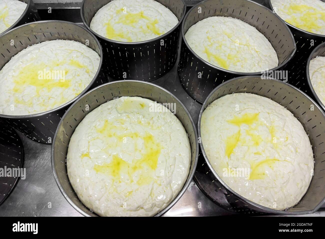 phases of Greek feta cheese production in a cheese factory in Greece ...