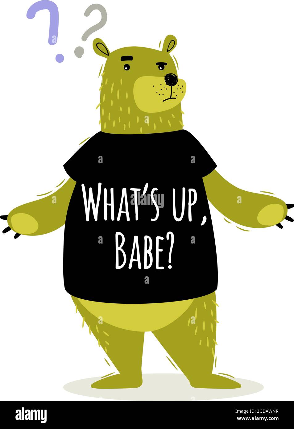 Greeting card with adorable big bear in black T-shirt and question ...
