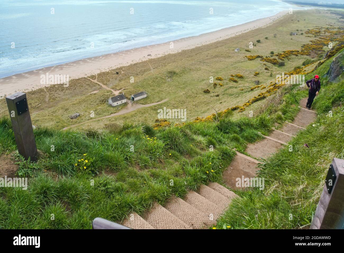 St Cyrus, visitor, ascending, historic, steps, to, beach, Angus, bright ...