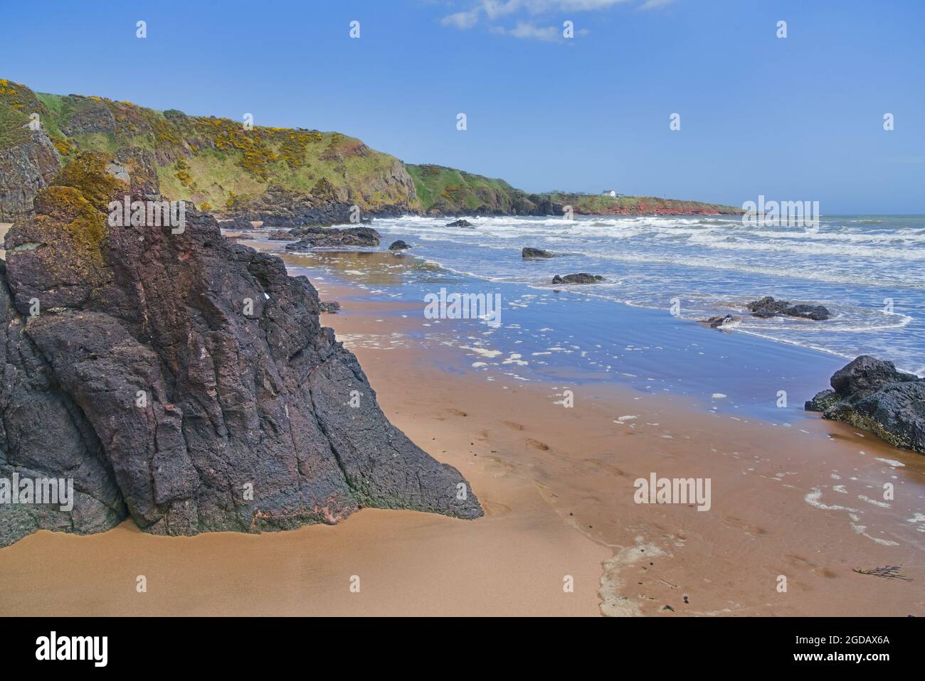 St Cyrus, beach, volcanic; rocks; Angus, bright, sunny, famous beach ...