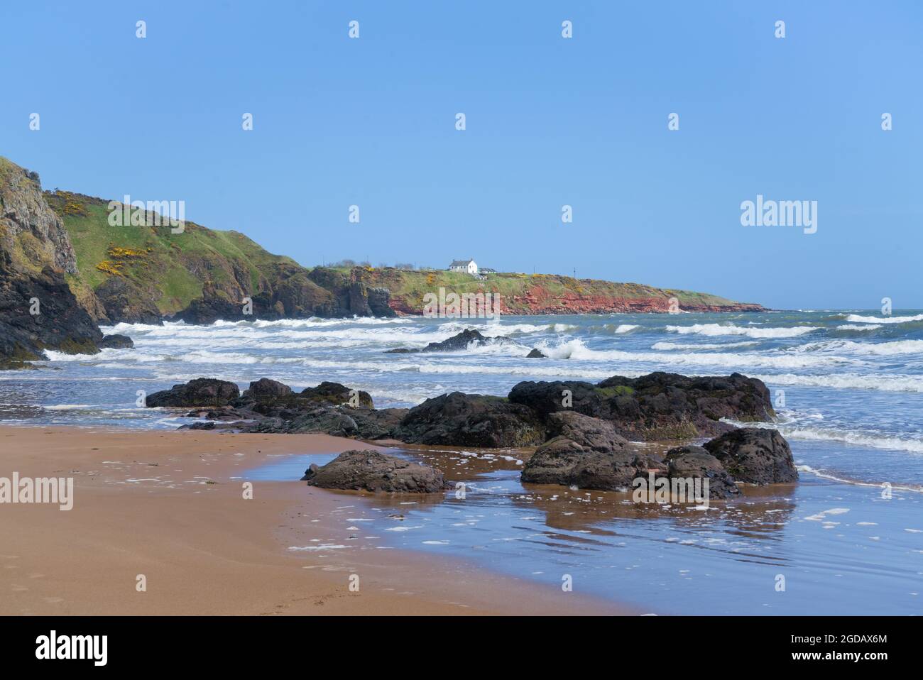 St Cyrus, beach, volcanic; rocks; Angus, bright, sunny, famous beach ...