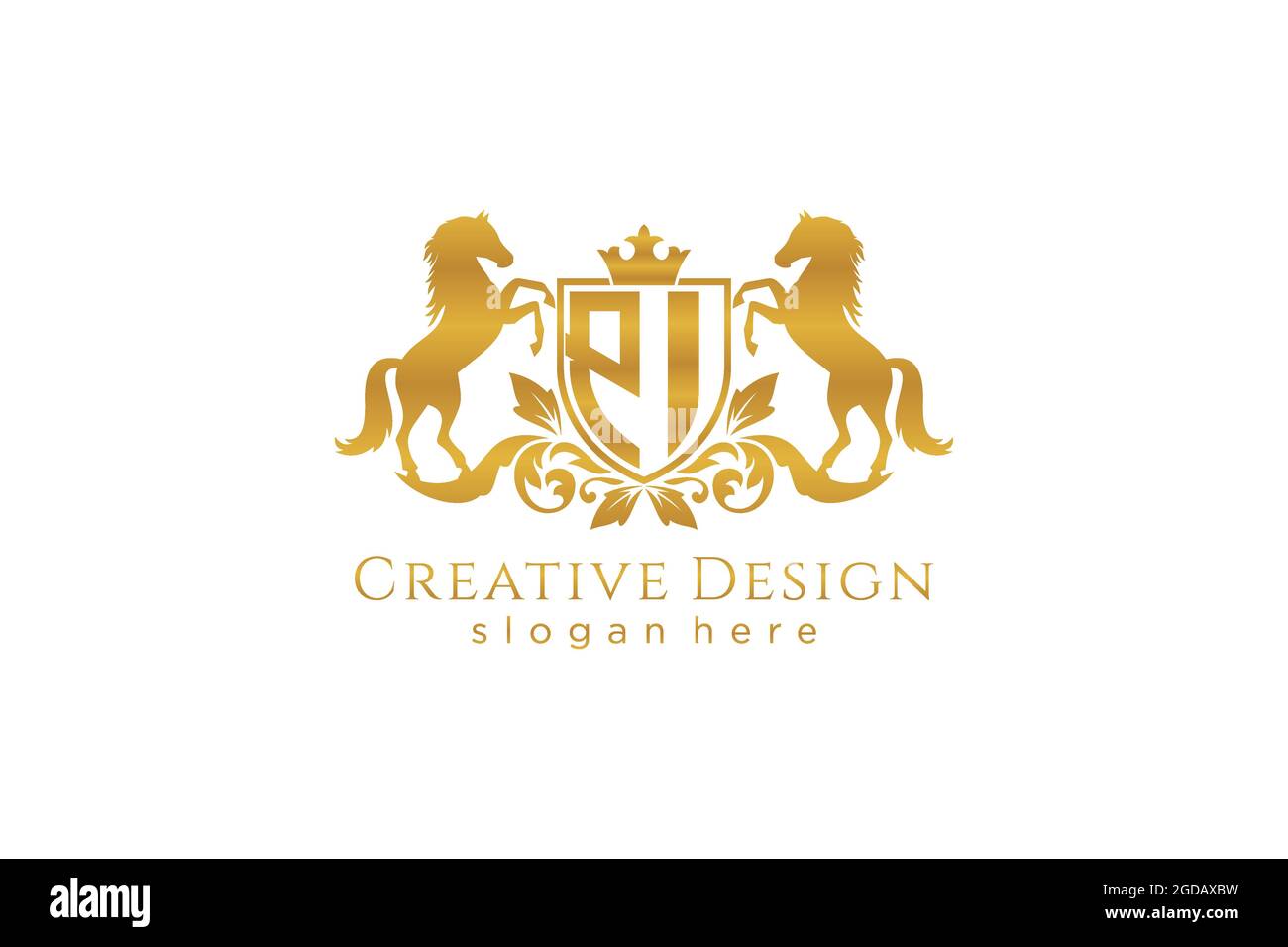 PI Retro golden crest with shield and two horses, badge template with ...