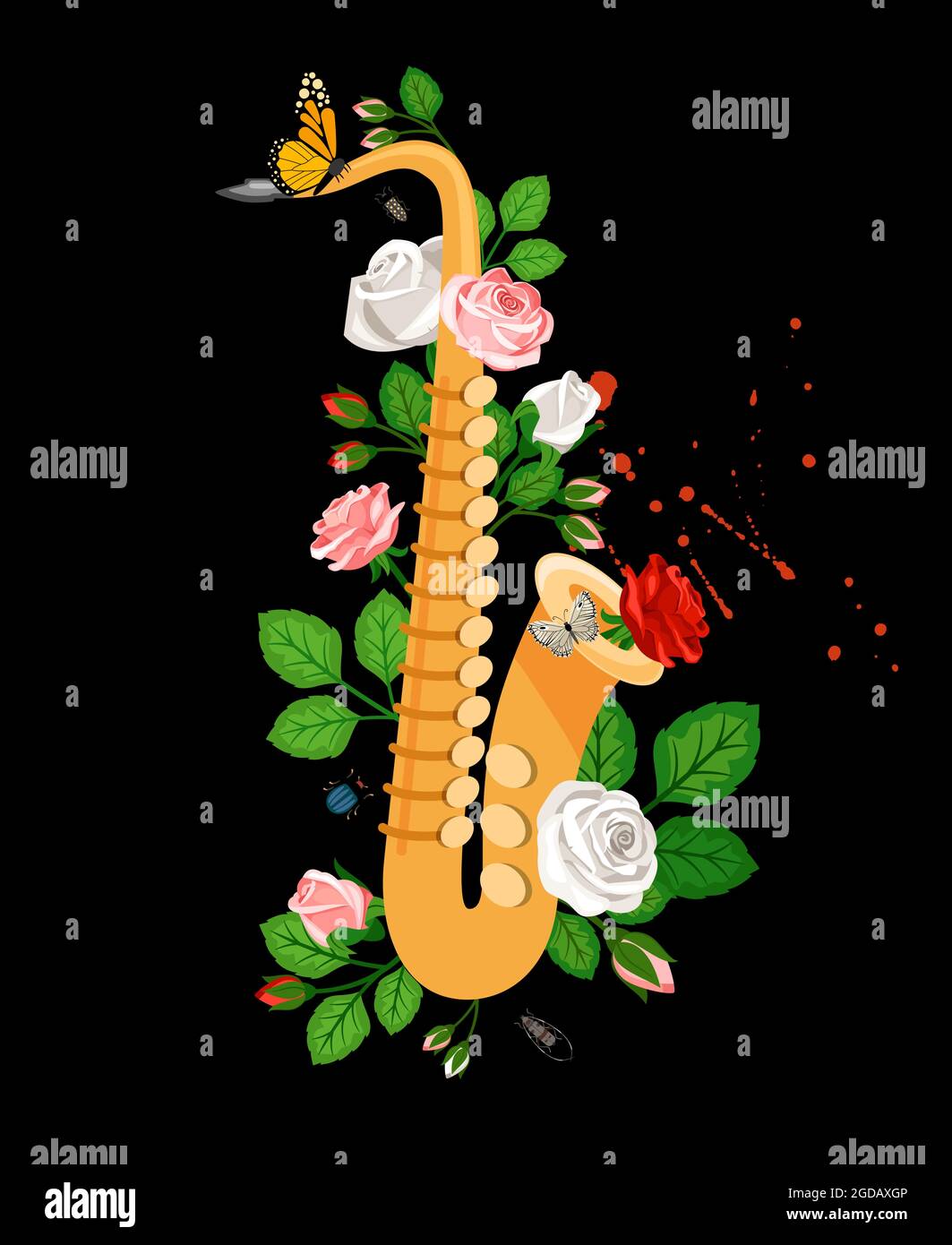 Music poster with Saxophone, roses, beetles and butterfly Stock Vector ...