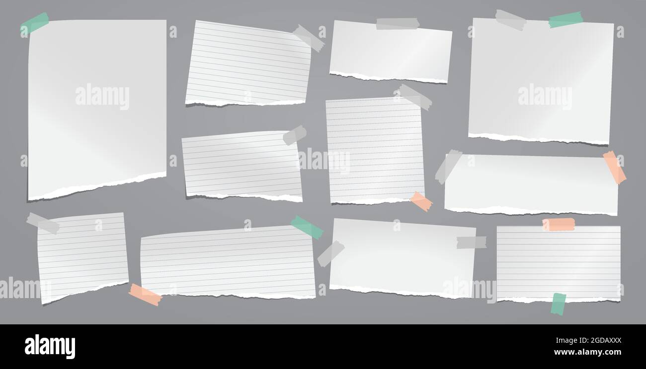 Set of torn white and colorful note, notebook paper stripes are on grey ...