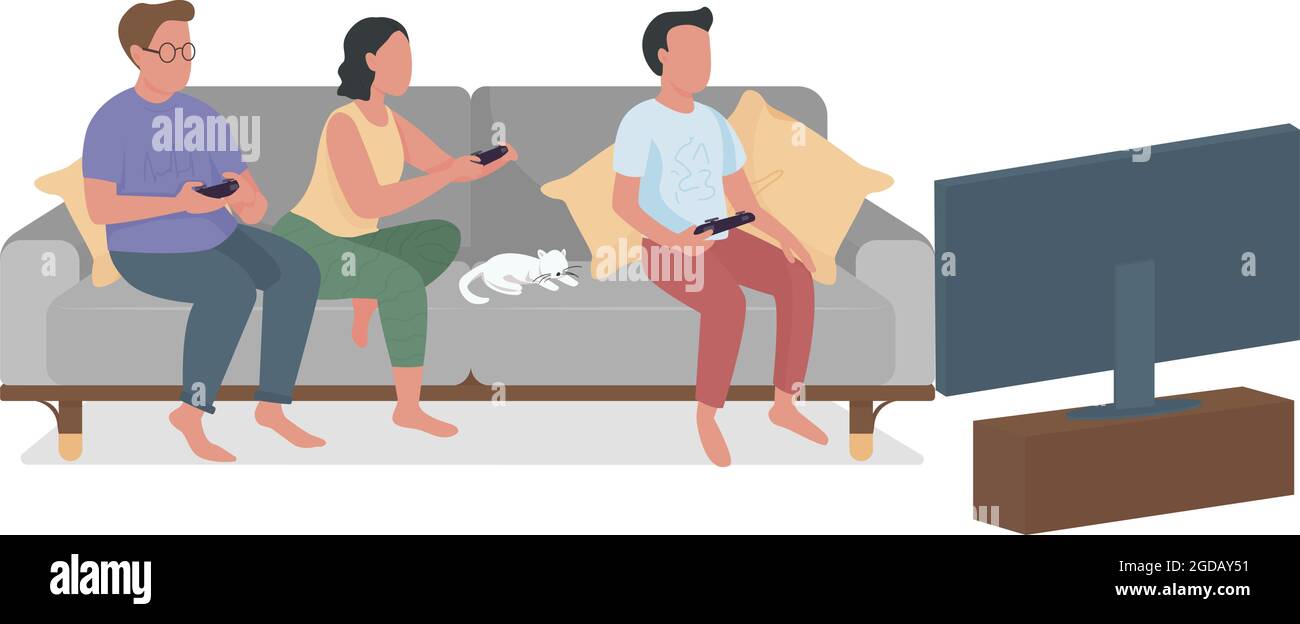Family members playing video games semi flat color vector characters ...