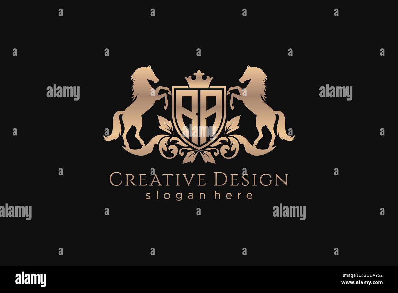 RA Retro golden crest with shield and two horses, badge template with ...