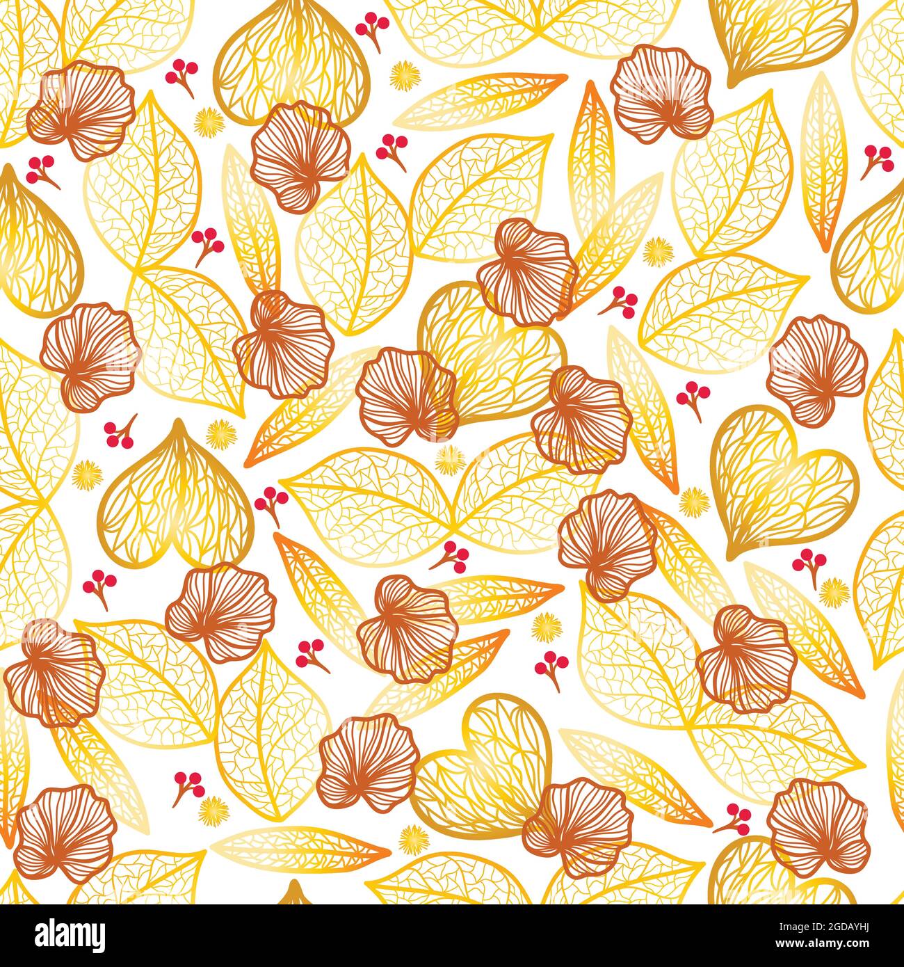 Gold-colored filigree leaves, brown autumn leaves and small red fruits ...