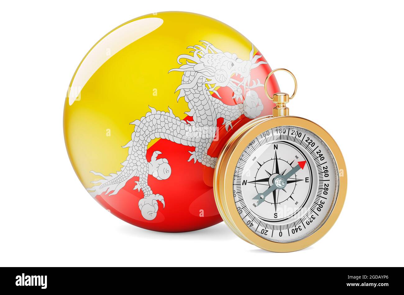 Compass with Bhutanese flag. Travel and tourism in Bhutan concept. 3D ...