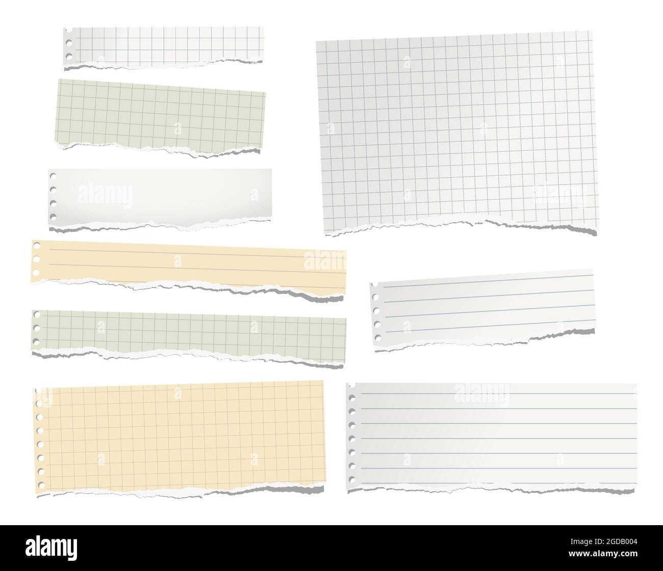 Set of torn white and yellow note, notebook paper stripes stuck on ...
