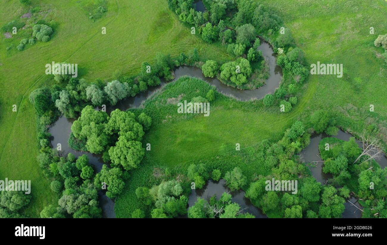 Inland river delta river meanders dron aerial video shot in floodplain ...