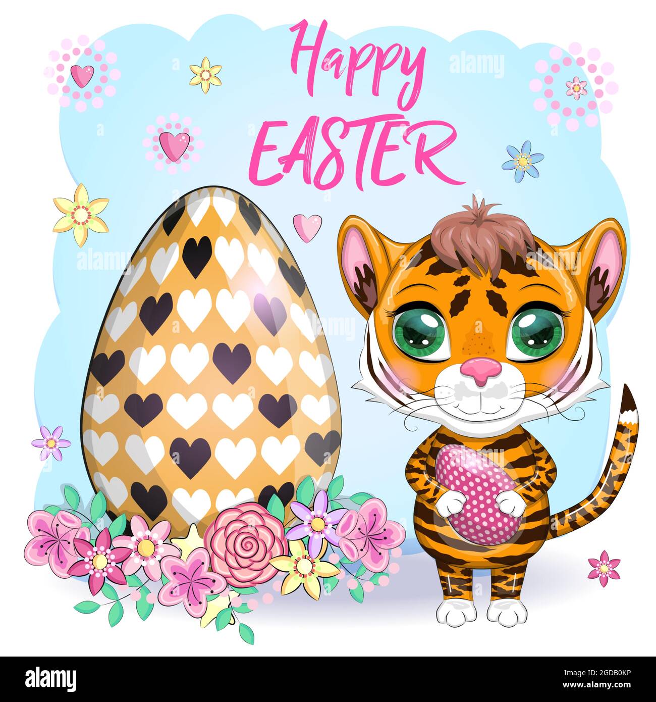 Cartoon tiger with Easter egg as Easter bunny. Easter 2022, April ...