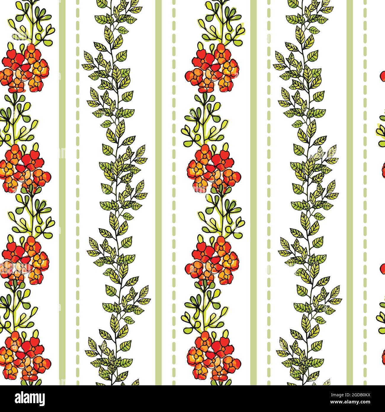 Columns of red flowers and buds that alternate with leaf columns and ...