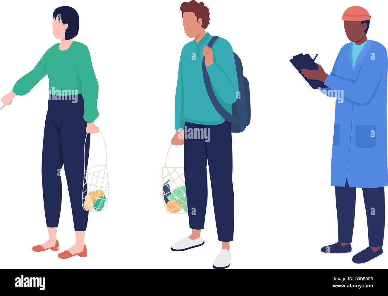 Consumer with net shopping bag semi flat color vector characters set ...