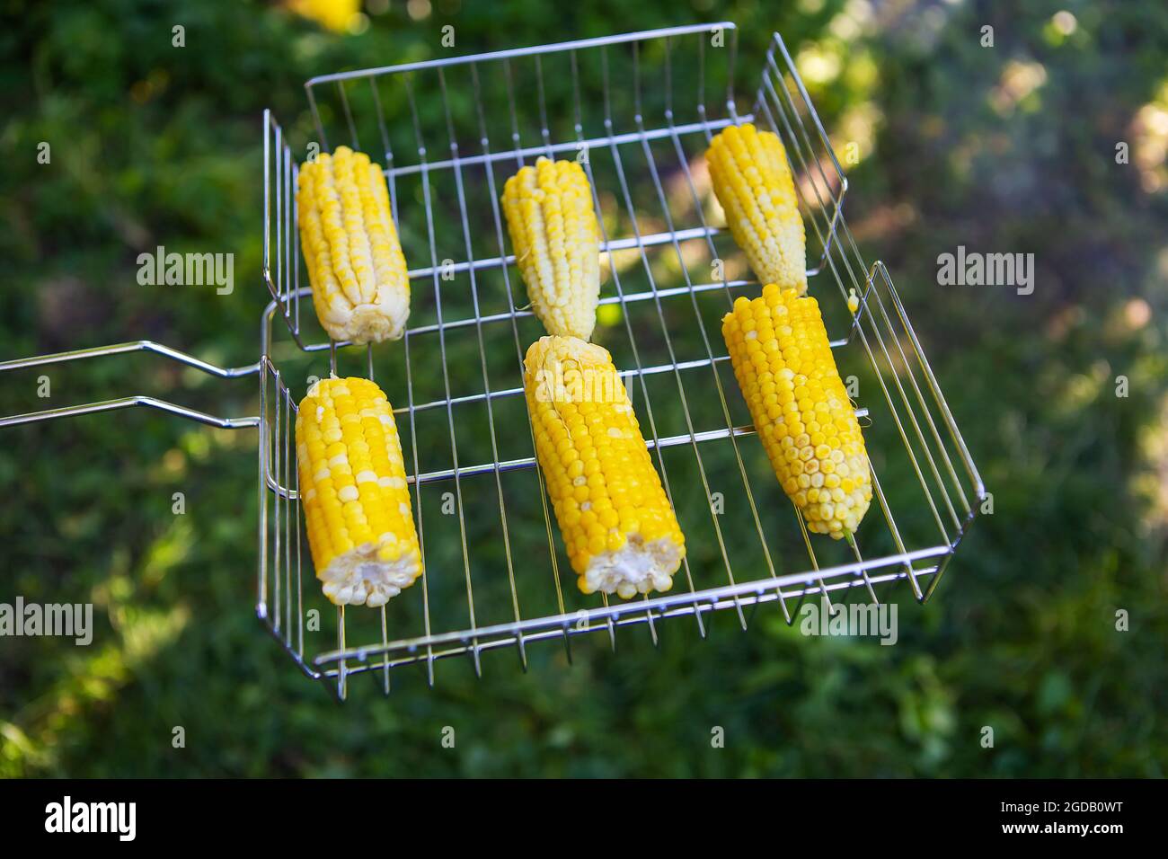 Delicious sweet corn is grilled on the grill. Outdoor recreation Stock ...