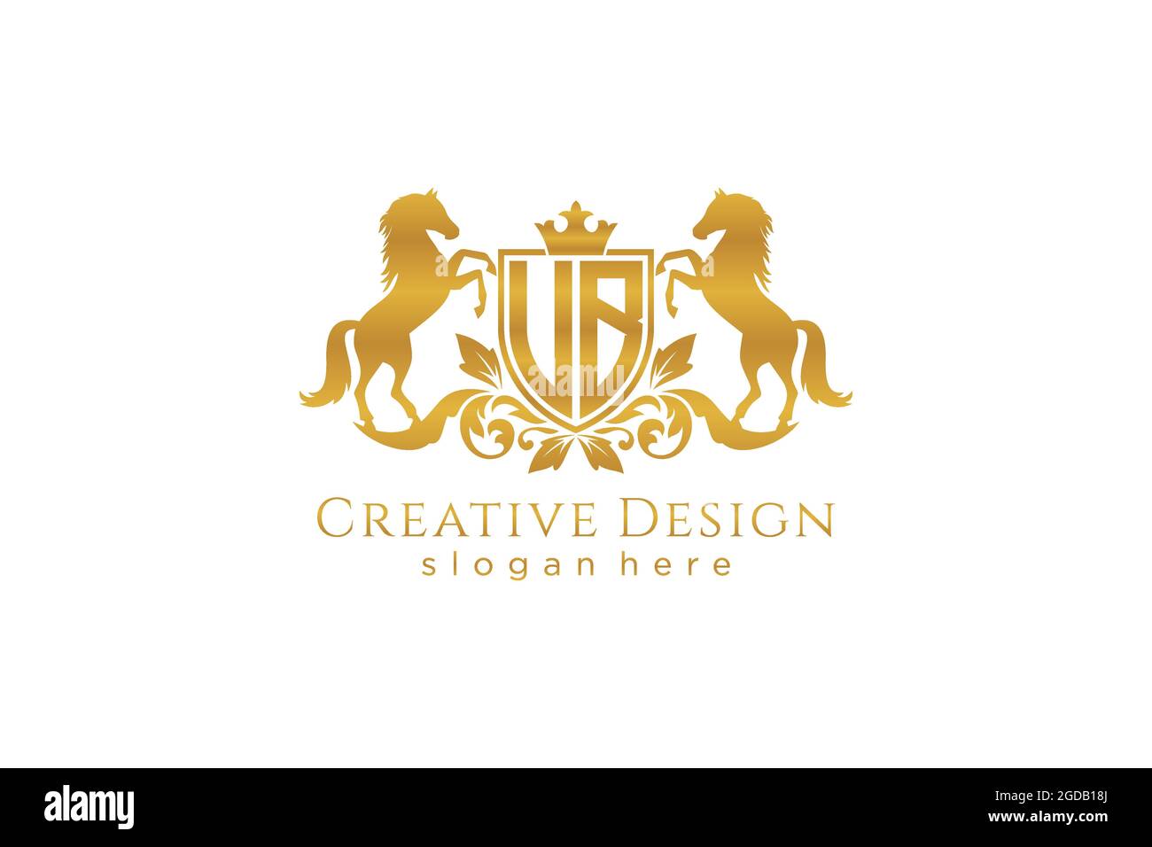 UB Retro golden crest with shield and two horses, badge template with ...