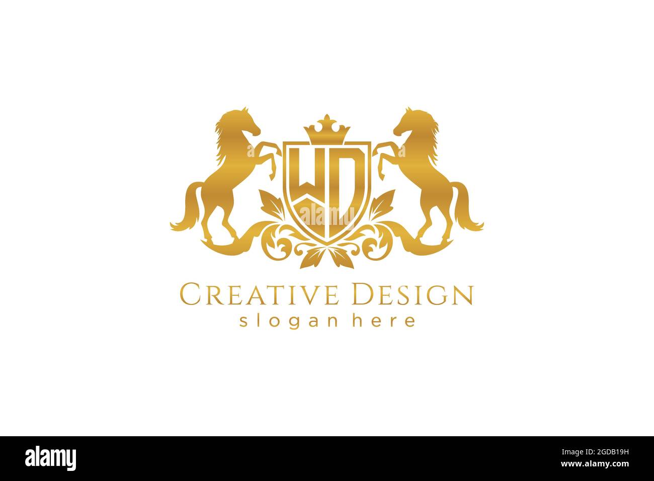 WD Retro golden crest with shield and two horses, badge template with ...
