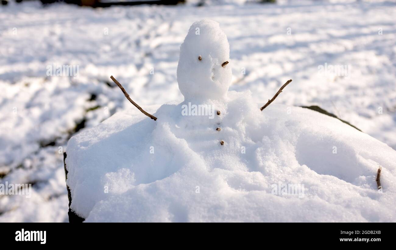A tiny snowman with sticks for arms Stock Photo - Alamy
