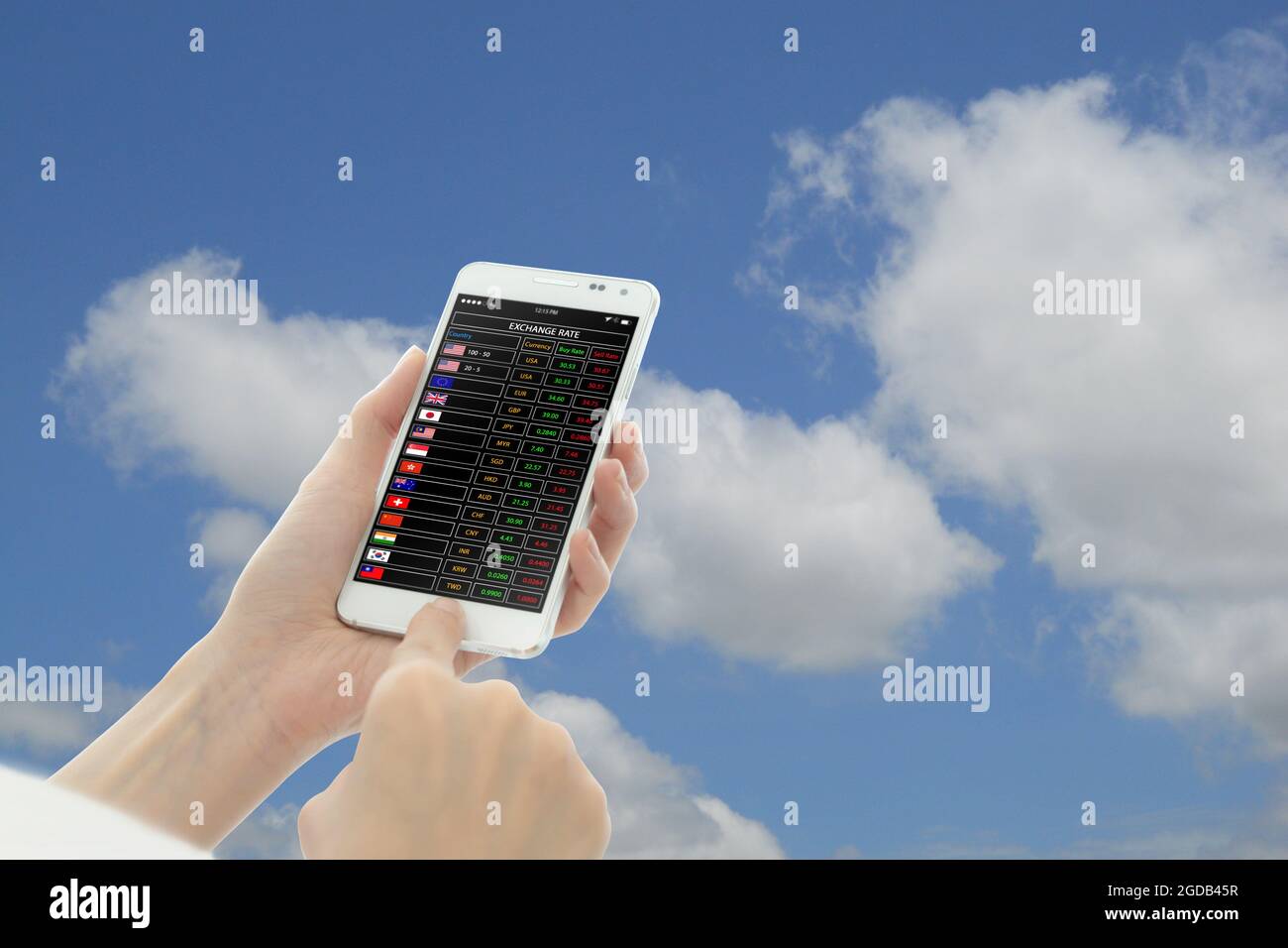 Hands holding mobile with currency exchange rates Stock Photo - Alamy