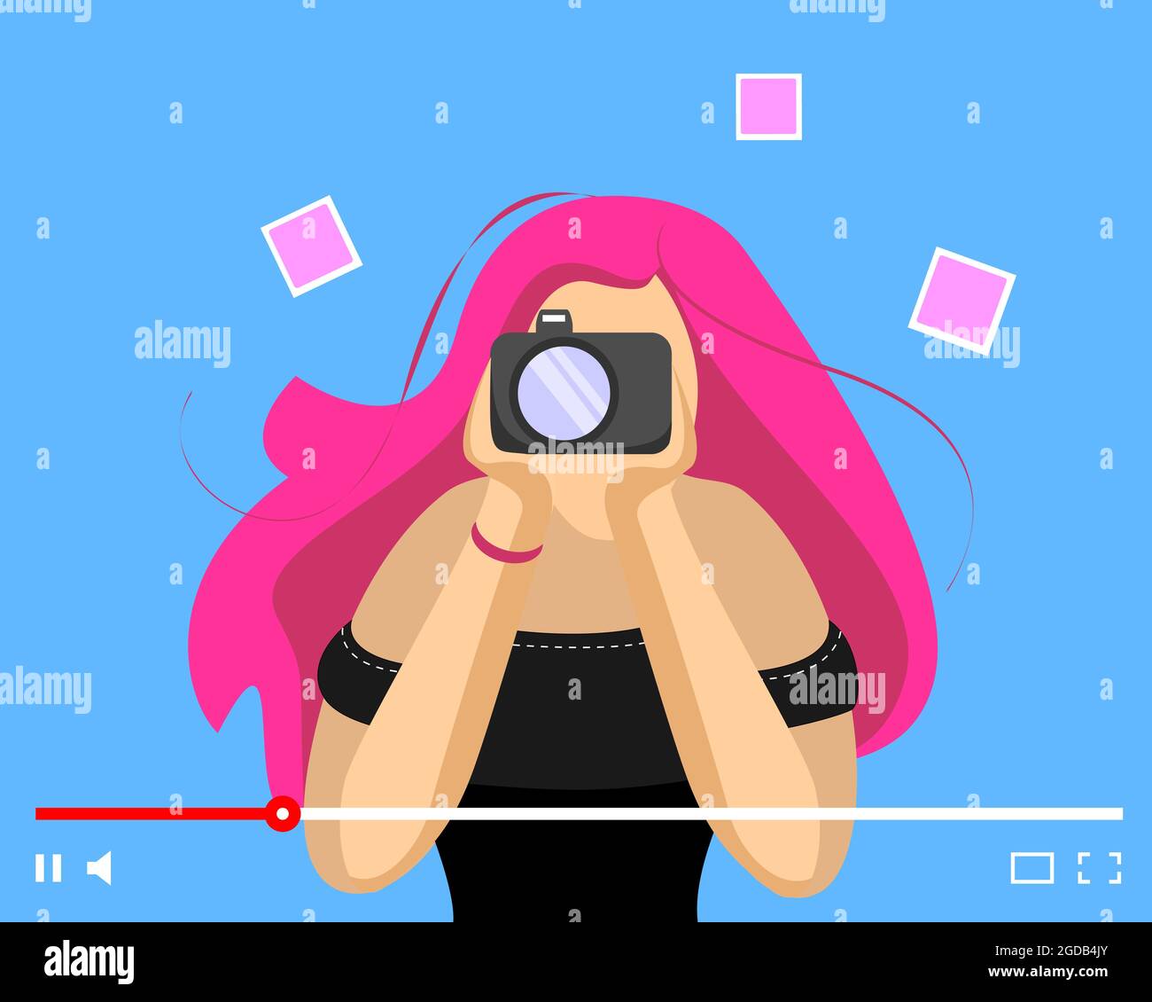 Blogger girl with photo camera on online video player interface. Female ...