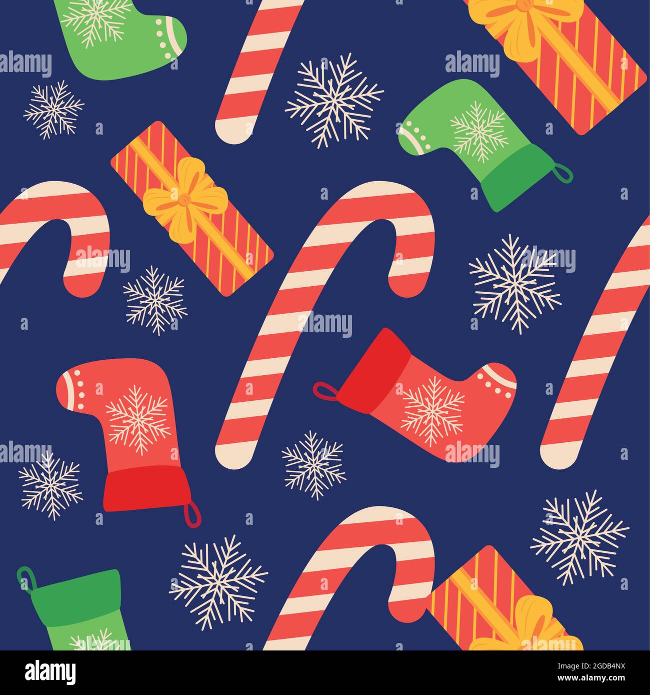 Christmas seamless pattern with candy cane, gift, stocking, bullfinch ...