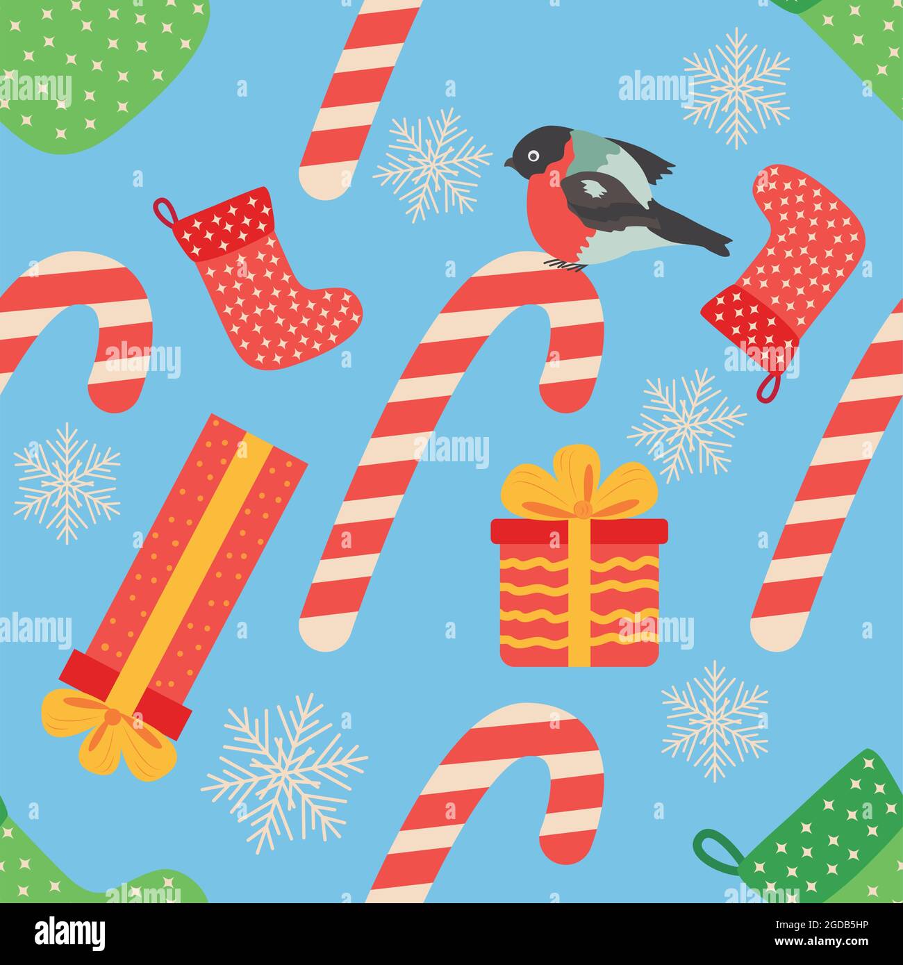 Christmas seamless pattern with candy cane, gift, stocking, bullfinch ...