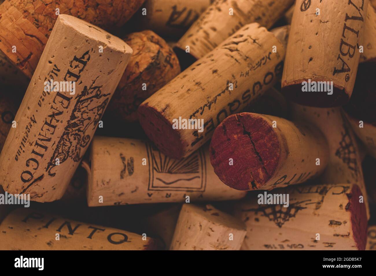 RIO DE JANEIRO, BRAZIL - Apr 23, 2020: The red wine corks from around ...