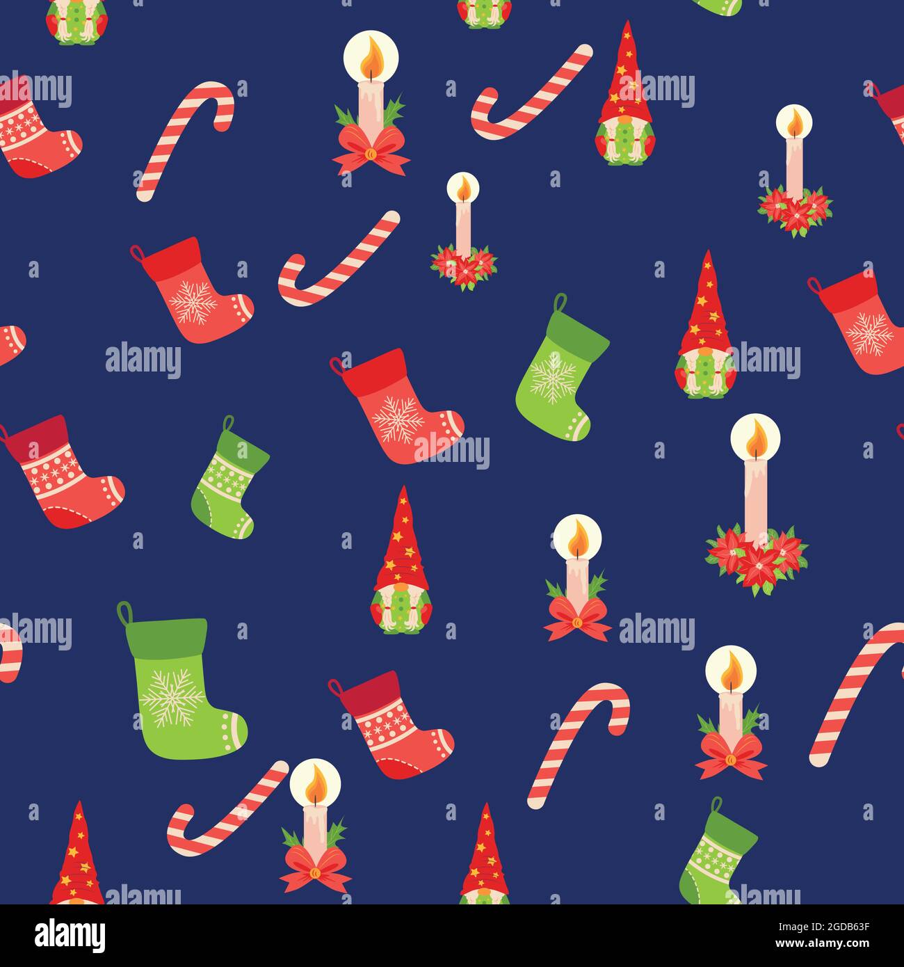 Seamless Christmas pattern with gnome, candle, stocking, candy cane ...