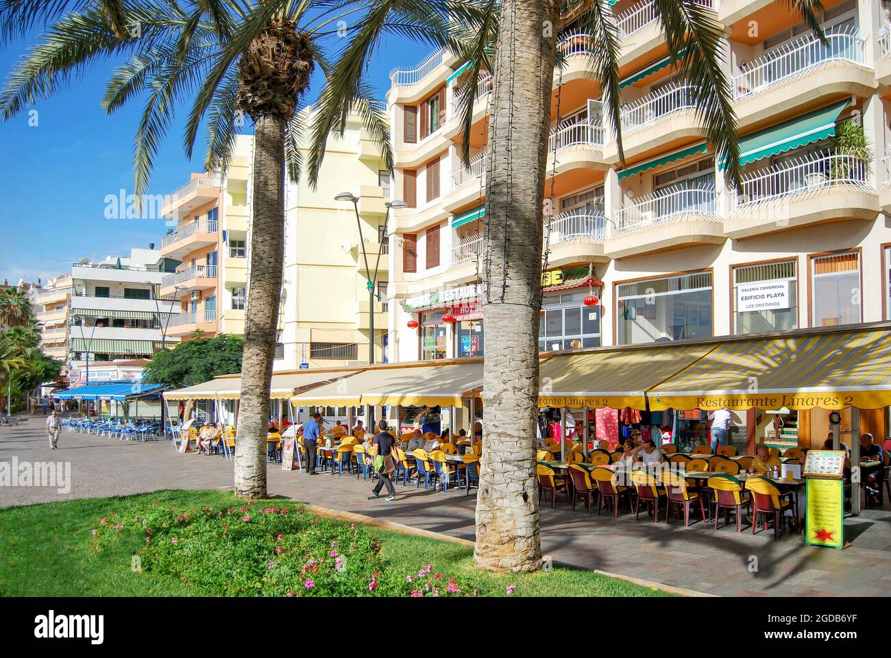 Beach promenade restaurants, Los Cristianos, Tenerife, Canary Islands ...