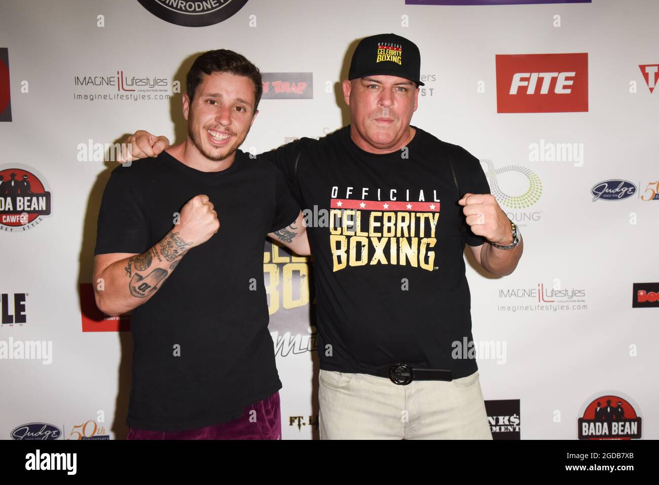 Miami, USA. 12th Aug, 2021. Corey B, left, and Damon Feldman arrive to ...